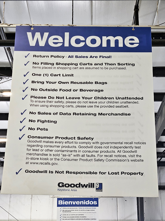 The rules of engagement clearly posted. "No Fighting" seems like an obvious guideline until you've seen two grandmothers eyeing the same vintage casserole dish.