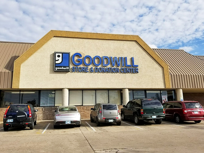 The Goodwill storefront stands ready for another day of treasure hunting&mdash;Oklahoma's answer to sustainable shopping.