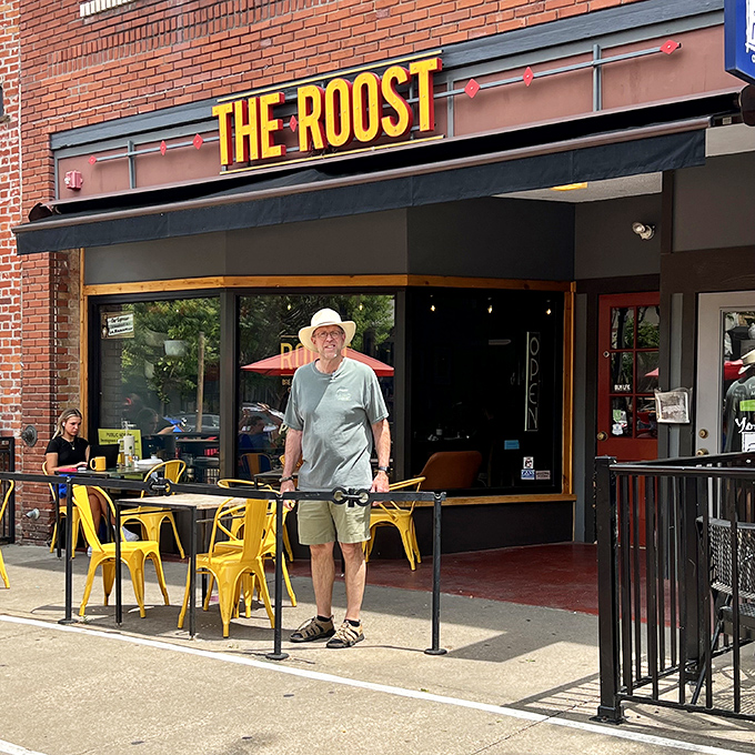 The Roost's storefront promises what every great breakfast place should: a warm welcome, zero pretension, and the gentle understanding that you need coffee immediately.