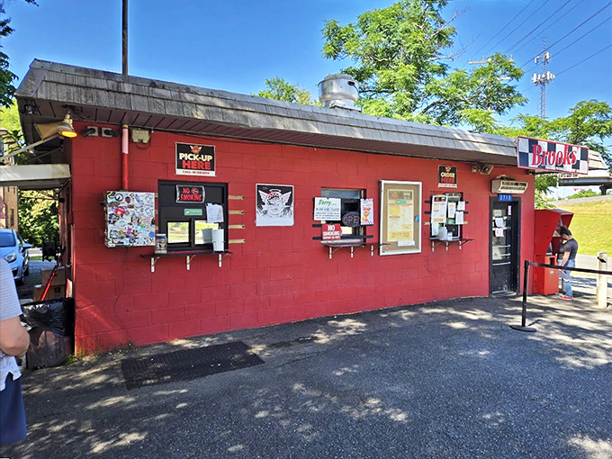 The view from the street &ndash; that bright red building signals to burger pilgrims that they've reached their destination.