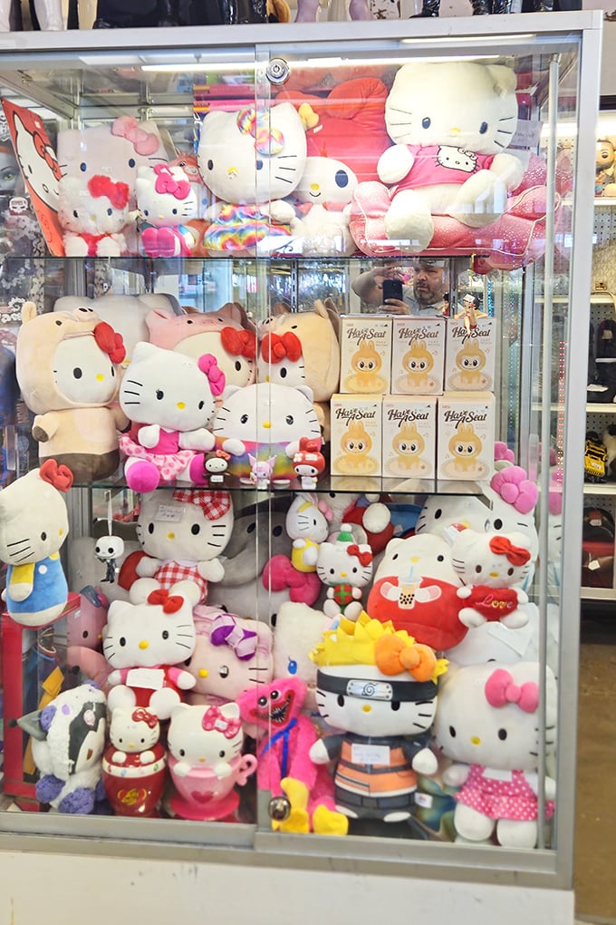 Hello Kitty heaven! This collection of plush characters spans generations of childhood memories, all preserved behind glass.