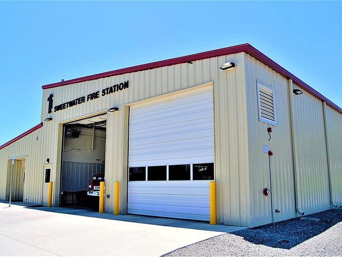 The Sweetwater Fire Station stands ready to protect the town, its modern design proving that even practical buildings can have personality.
