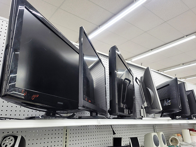 Television screens await their starring roles in new living rooms, ready to entertain fresh audiences. 