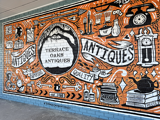 The entrance mural promises antiques and delivers &ndash; this artistic welcome sign sets expectations appropriately high for what's inside.