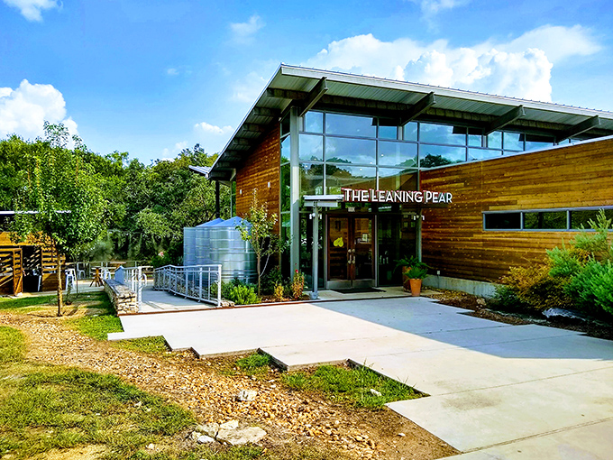 The Leaning Pear's contemporary facade promises the kind of creative comfort food that becomes legendary among returning visitors.