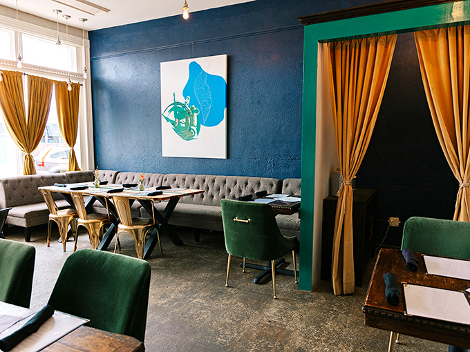 Theopolis Social Club's sophisticated interior might make you forget you're in small-town Oklahoma. Emerald and gold never looked so inviting. 