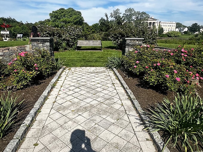 Thomas Park's rose garden pathway invites contemplative strolls, where stone walls frame fragrant blooms and benches await thoughtful conversations.