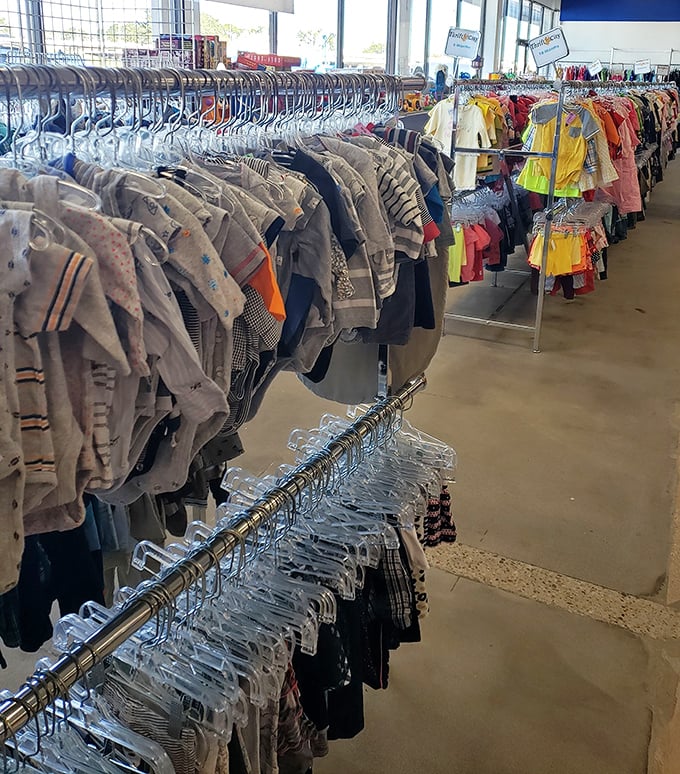 Tiny clothes for tiny humans, meticulously organized. Baby and toddler sections offer gently-used outfits that will only be worn for a few months anyway.