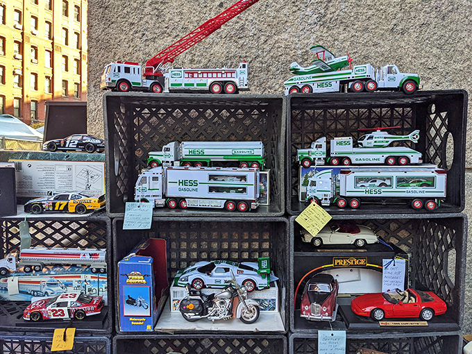 Collectible Hess trucks and model cars await nostalgic adults with childhood memories and shelf space to spare. Instant time machines to simpler days.