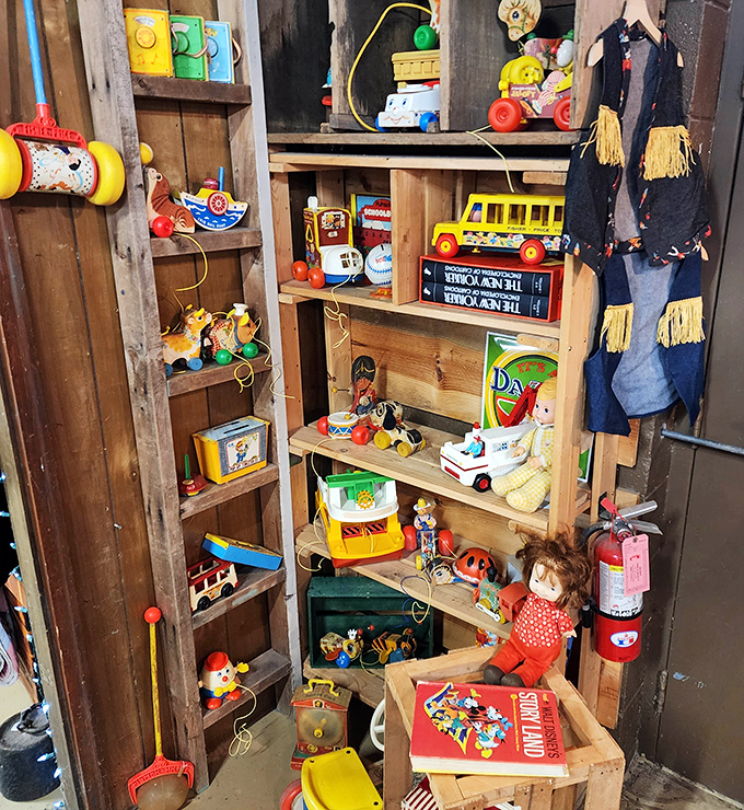 Childhood preserved in wooden shelves. These toys entertained kids long before screens took over, their colors still vibrant with possibility.