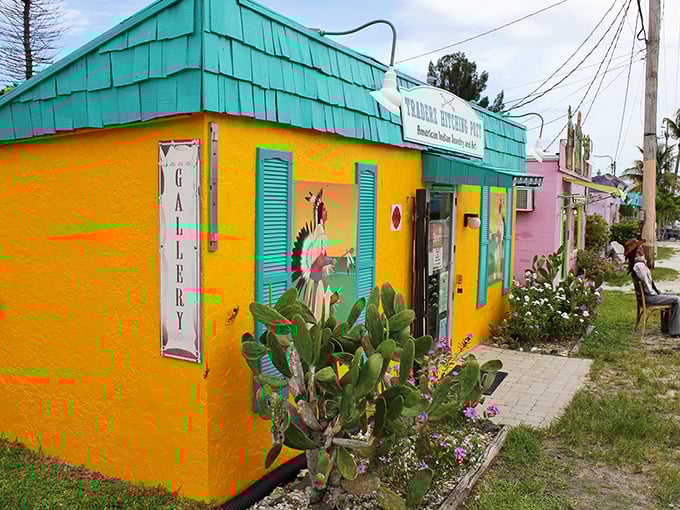 The Traders Hitching Post's sunshine-yellow walls and turquoise accents showcase Matlacha's unwritten rule: no building shall be boring.