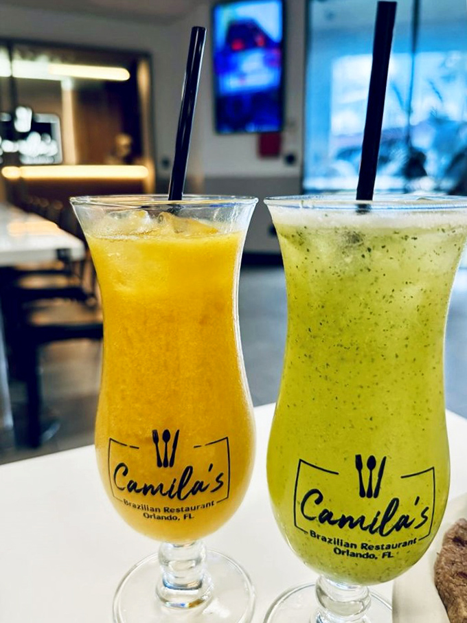 Tropical fruit smoothies in signature glasses&mdash;liquid sunshine that cleanses the palate between bites of savory churrasco perfection.