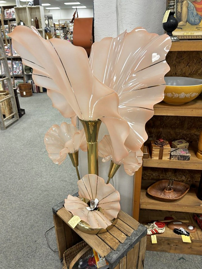 Delicate glass flower lamps that somehow survived decades without meeting a baseball or curious cat. Fragile beauty that's outlasted eight presidential administrations.