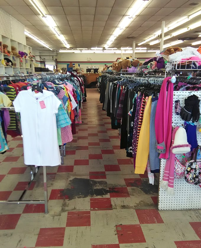 Stuffed animals and action figures stand at attention, ready for adoption into homes where they'll be loved again.