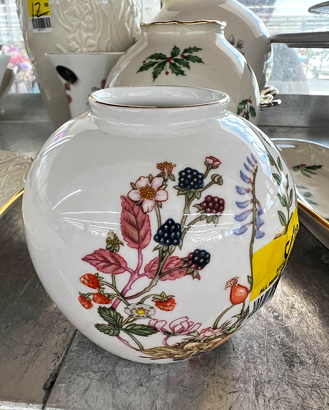 Delicate porcelain with hand-painted wildflowers &ndash; once someone's prized china cabinet resident, now awaiting adoption at a fraction of its original cost.
