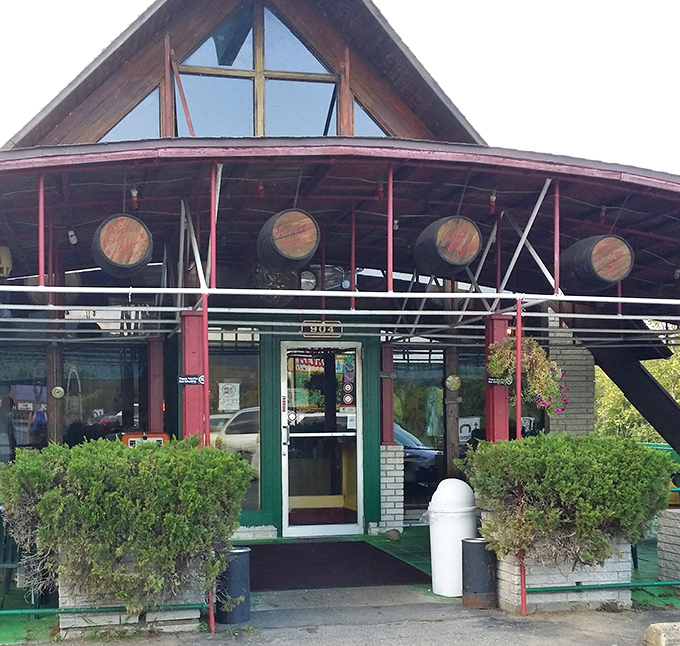 Villa Italia's barrel-adorned entrance hints at the rustic Italian experience waiting inside, where pasta dreams come true in the heart of Pennsylvania.