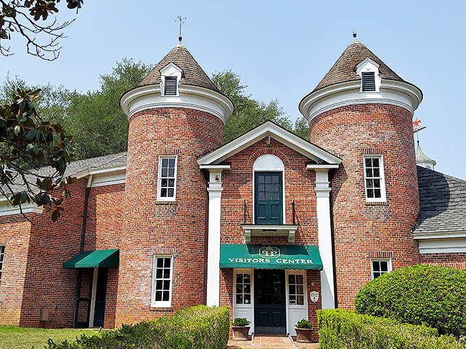 The Visitors Center's distinctive brick towers and green awning say "Welcome y'all" with architectural flair that's uniquely Thomasville.