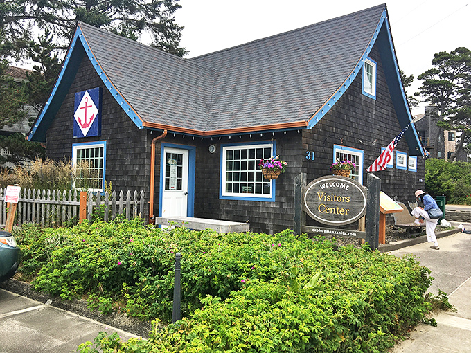 Manzanita's Visitors Center, with its nautical blue trim and anchor emblem, offers the warm welcome that sets the tone for this friendly coastal town.