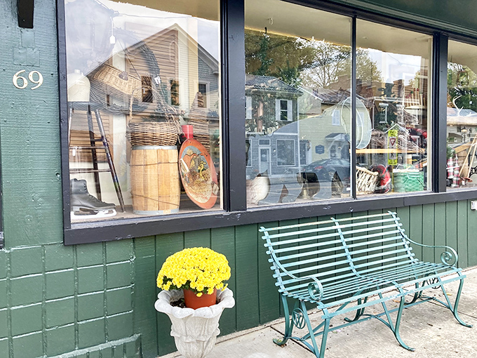 The perfect resting spot for weary antiquers, this mint-green bench outside the shop invites contemplation of purchases and the stories behind them.