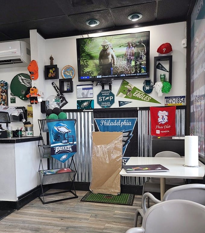 Eagles flags and Philly memorabilia create a corner of Pennsylvania in the desert &ndash; explaining the authentic East Coast attitude that seasons every bite.