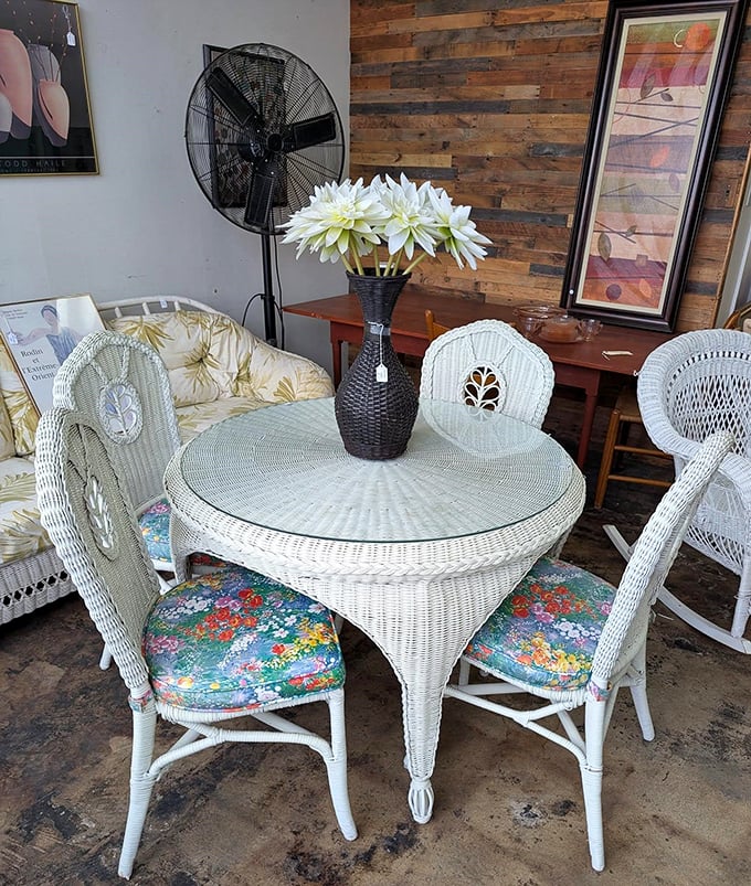 This wicker dining set is summer personified. Those floral cushions are ready for morning coffee, afternoon tea, or evening cocktails on the sunporch.