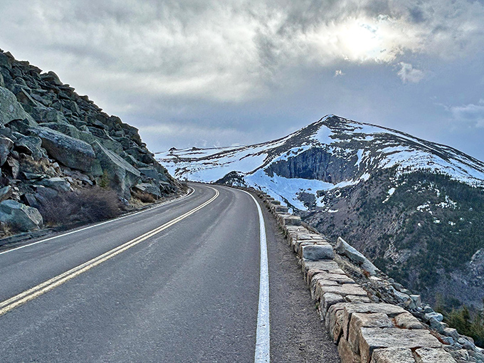 Winter transforms familiar curves into a monochromatic masterpiece where every guardrail becomes a lifeline to civilization.