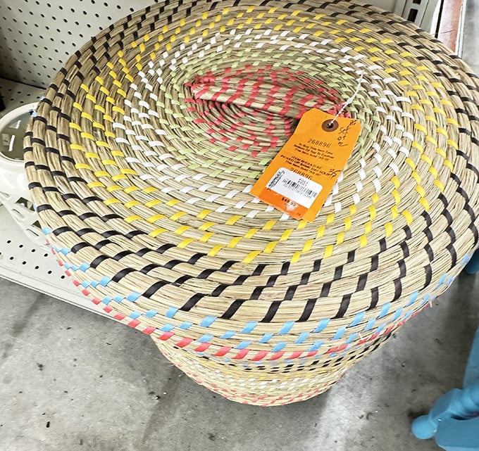 Handwoven baskets bring artisanal charm to any space. This colorful specimen could hold fruit, mail, or simply stand as decor.