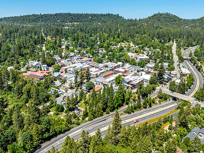 From above, Nevada City reveals its secret superpower – being completely surrounded by pine-covered hills while maintaining its Gold Rush heart.