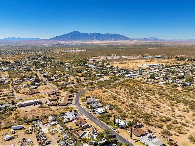 From above, Bisbee's relationship with the surrounding desert becomes clear &ndash; an oasis of human creativity surrounded by nature's own magnificent artwork.