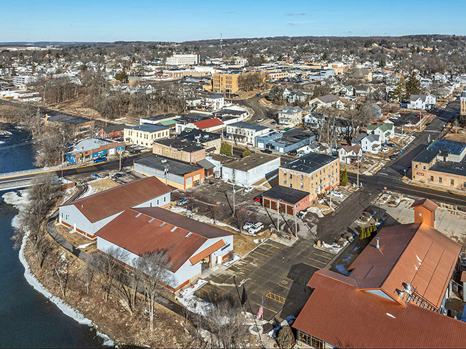 From above, Baraboo reveals itself as a perfect blend of small-town charm and natural beauty, nestled against the river that shares its name.