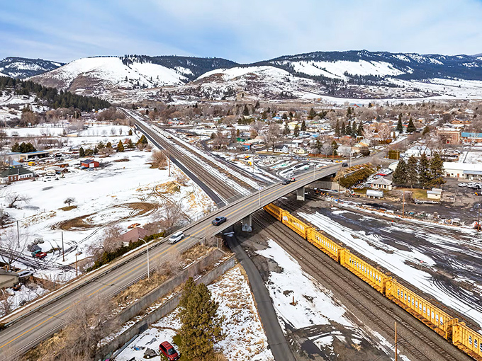 Winter blankets La Grande in this aerial view, where railroad tracks and highways connect this affordable haven to the wider world without sacrificing its small-town charm.