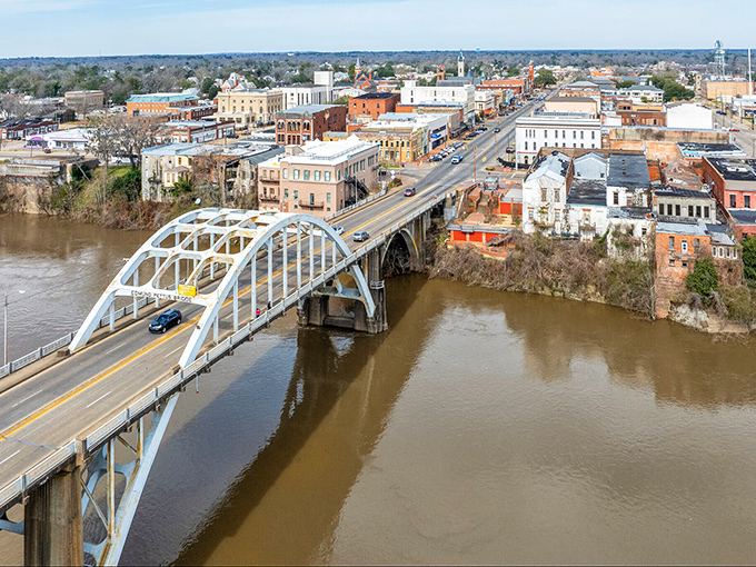 From above, Selma reveals its intimate scale, where the Alabama River embraces a town where history and affordability flow together.