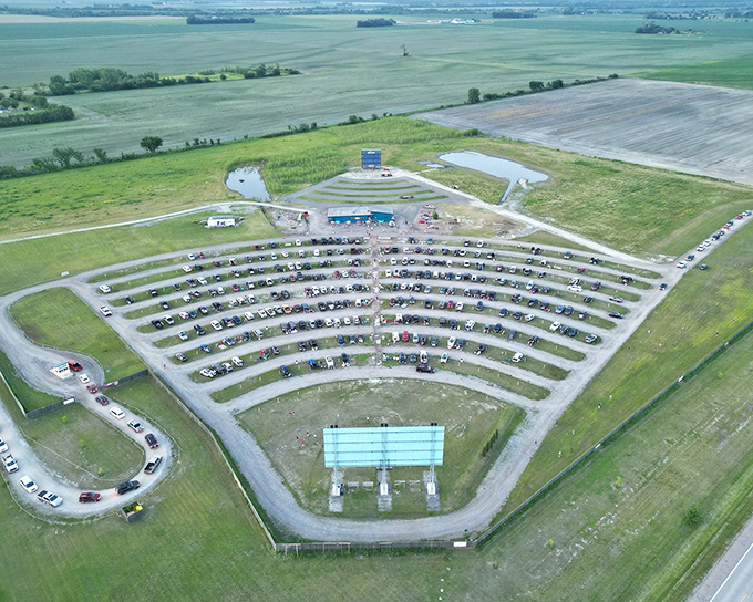 From above, the Quasar's thoughtful layout reveals itself – a carefully designed amphitheater of automobiles all facing the silver screen.