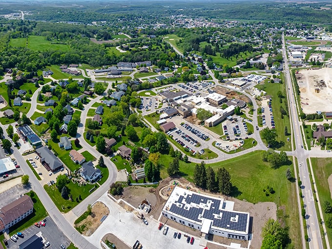 Aerial view reveals a town perfectly sized: big enough for amenities, small enough to navigate without GPS assistance.