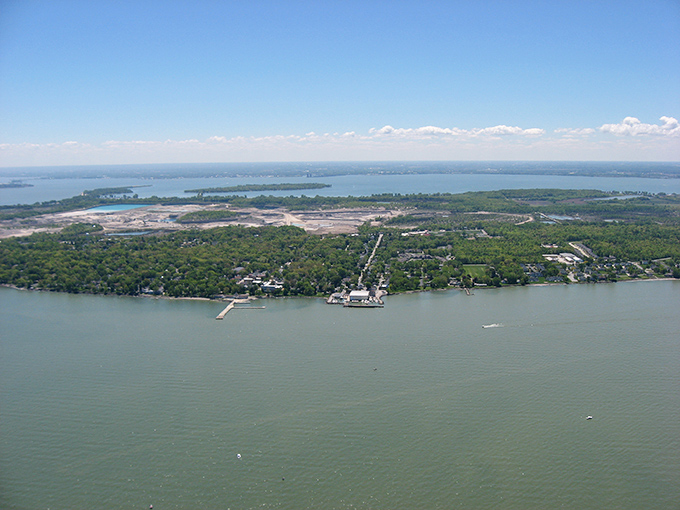 From above, Lakeside reveals its perfect positioning on Lake Erie's shore—a community embraced by water on three sides.