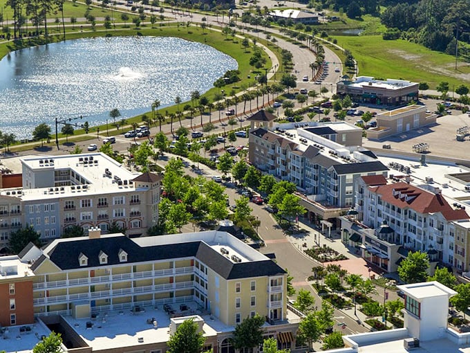 This aerial view reveals The Market Common's perfect balance of buildings, greenspace, and water features&mdash;urban planning that understands retail zen.
