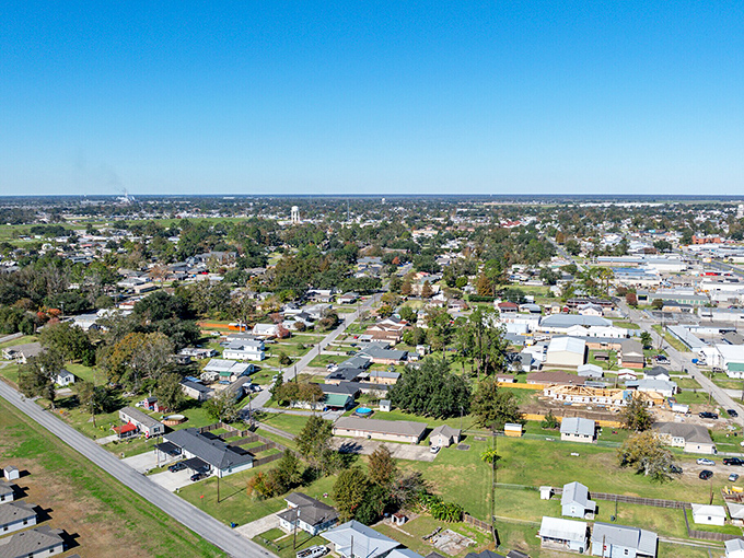 From above, Thibodaux reveals its true character: a patchwork of modest homes, green spaces, and community&mdash;affordable paradise found.