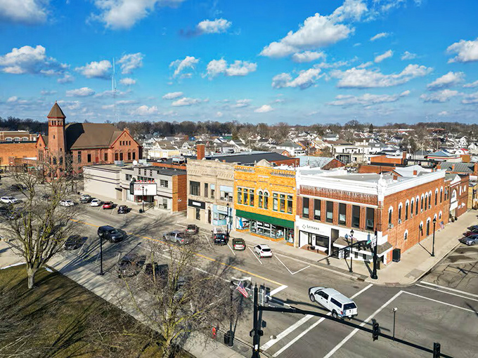 From above, Celina reveals its perfect small-town geometry – a tidy grid of streets, historic buildings, and community life unfolding at a human pace.