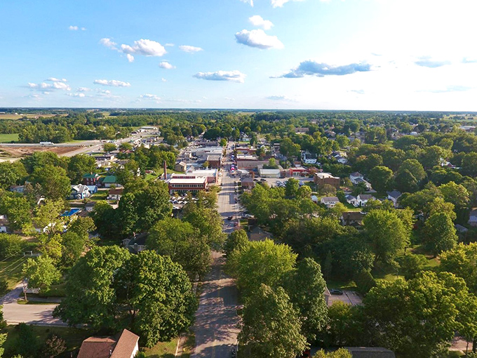 From above, Roanoke reveals itself as an island of civilization nestled in a sea of Indiana greenery, small in size but mighty in character.