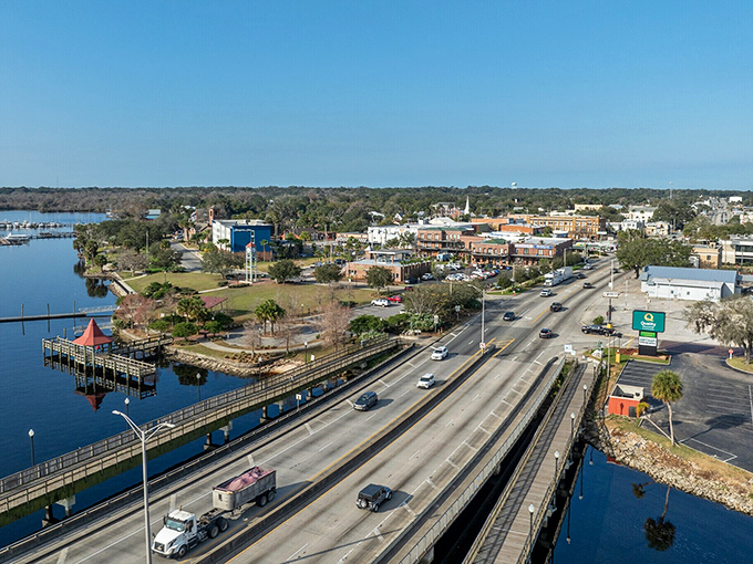 Palatka's aerial view reveals its perfect positioning along the St. Johns River, where nature and small-town infrastructure have reached a handshake agreement.