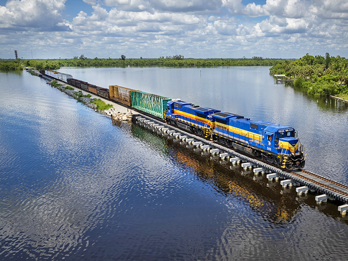 From above, the Seminole Gulf Railway creates a blue ribbon across Florida's waterways&mdash;a scene that no roadtrip could ever deliver.