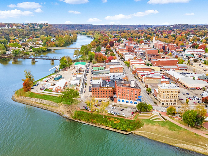 From above, Marietta reveals its perfect positioning at the confluence of two rivers, a town that understood the real estate mantra "location, location, location" since 1788.