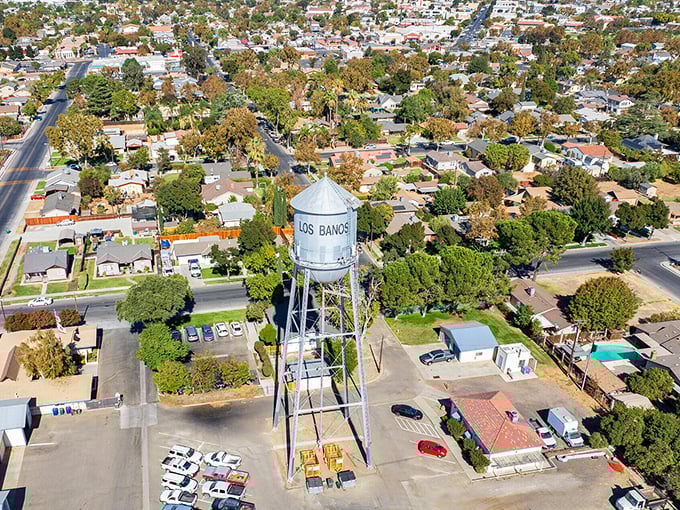 The town's water tower stands sentinel over Los Banos, a landmark visible for miles across the flat valley landscape, announcing "home" to returning residents.
