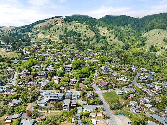 From above, Stinson reveals its perfect nestling between mountain and sea—a community that chose natural beauty over urban sprawl.