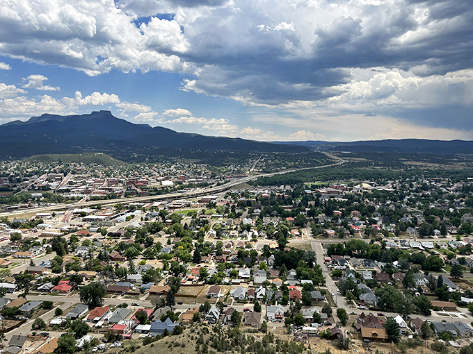 From above, Trinidad reveals itself as a perfect patchwork of neighborhoods nestled against the dramatic backdrop of southern Colorado's mountains.