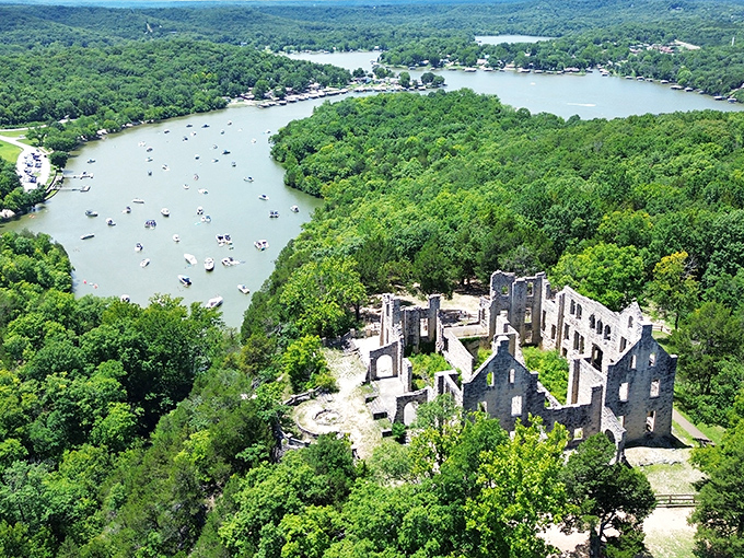 Bird's eye magic! Castle ruins and lake waters create a scene so perfect it looks like Missouri hired a Hollywood set designer.