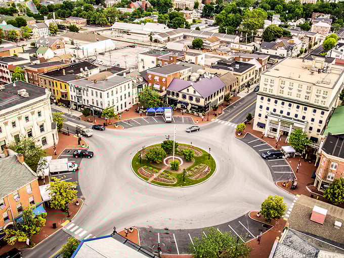 Lincoln Square from above reveals Gettysburg's perfect small-town geometry&mdash;a circular hub where American history, small businesses, and community converge like a perfectly designed historical snow globe.