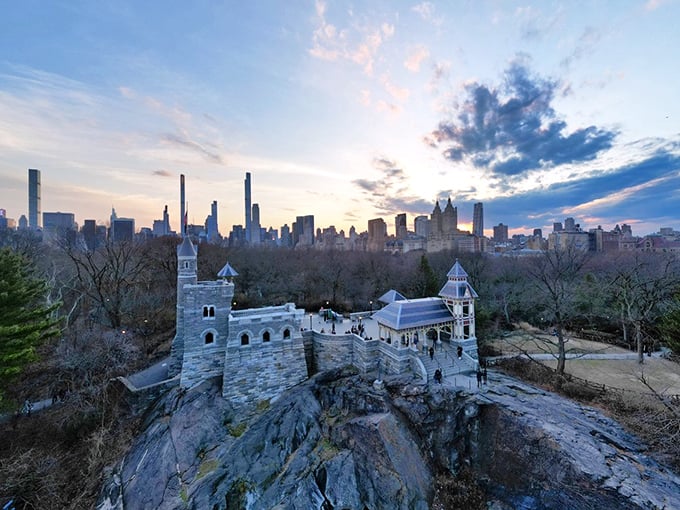 Where fantasy meets reality. Sunset casts a golden glow over Belvedere Castle as Manhattan's skyscrapers create a stunning backdrop to this urban oasis.