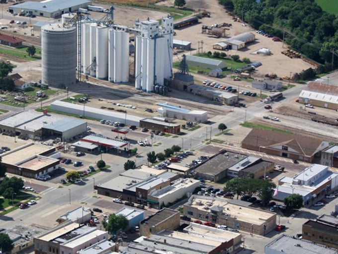 From above, Beloit reveals its practical layout centered around grain elevators&mdash;the economic heartbeat of many Kansas towns since the railroad days.