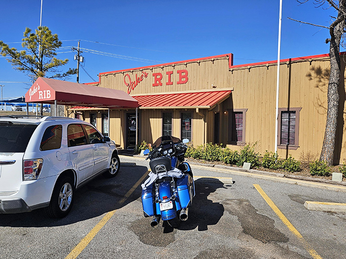 Cars and motorcycles in the parking lot tell the story: Jake's Rib attracts hungry travelers from near and far.